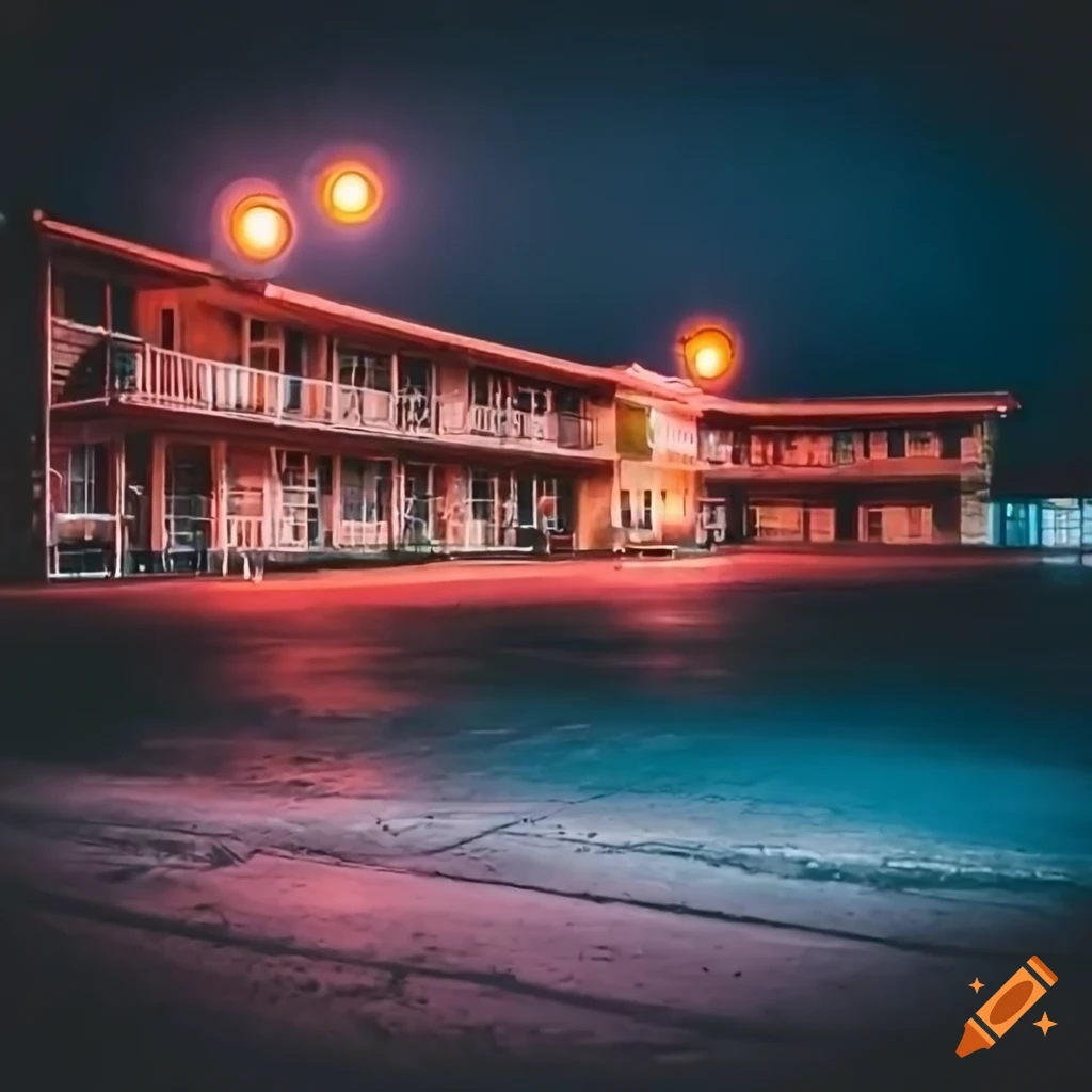 Old motel at night with car parked outside on Craiyon