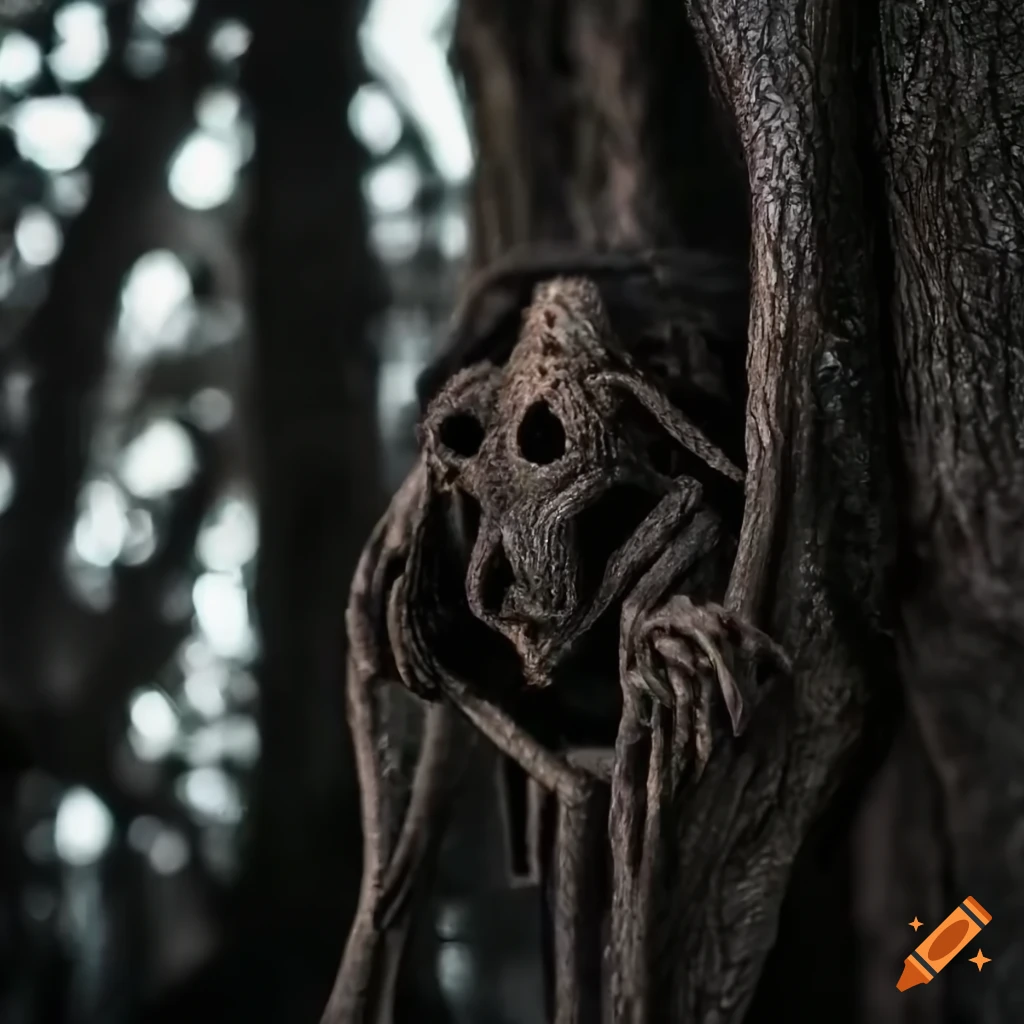 Wendigo hiding behind a tree in a dark forest at night on Craiyon