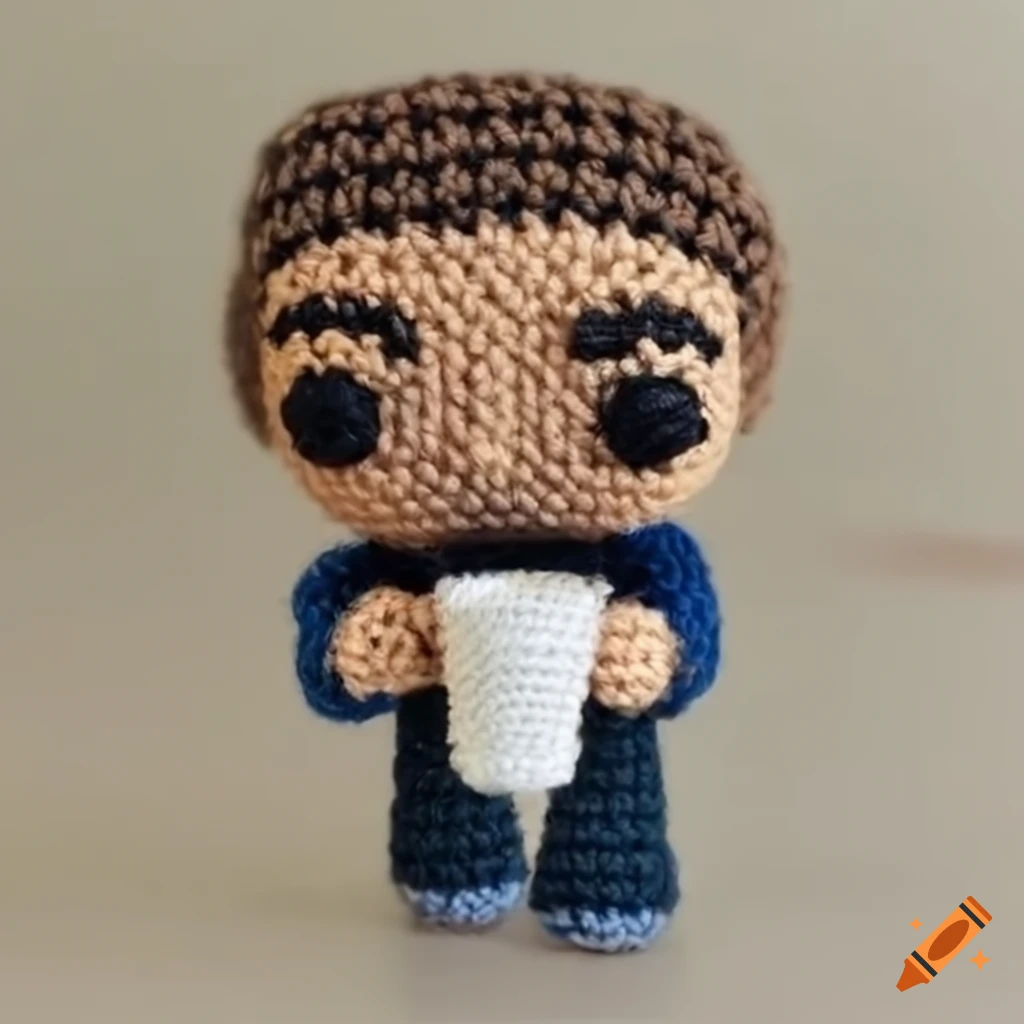 Tiny crochet man enjoying a coffee in Funko pop style on Craiyon