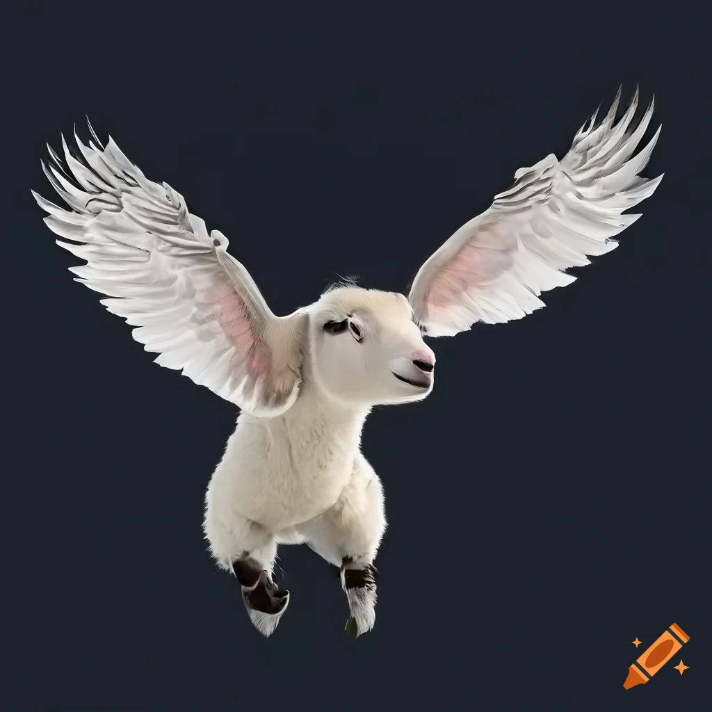 Winged lamb flying against a plain background on Craiyon