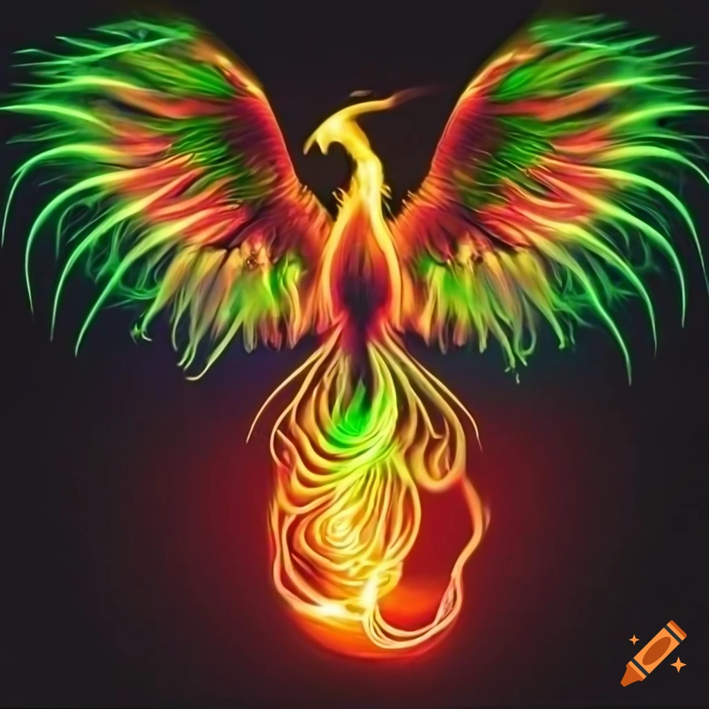 Neon green phoenix rising from flames on a black background on Craiyon