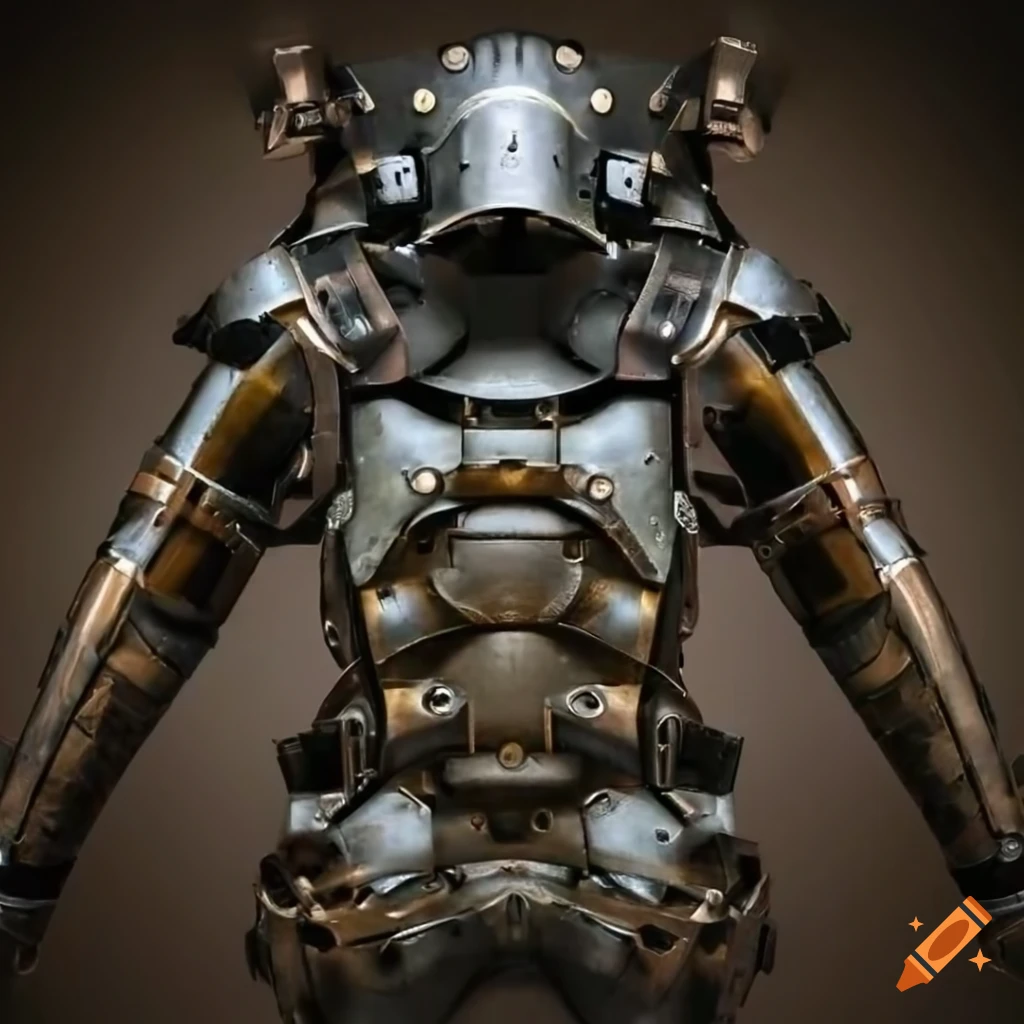 Medieval-style magic exoskeleton suit with front view and vertical ...