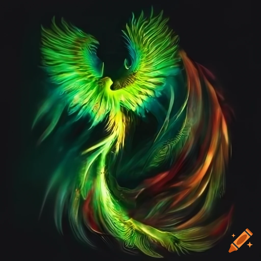 Majestic green phoenix rising against a black background on Craiyon