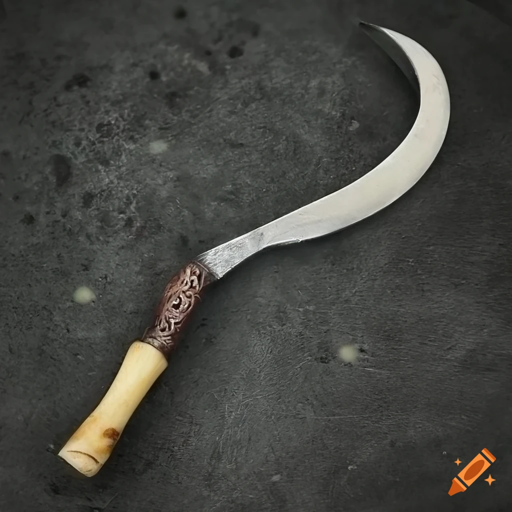 Sickle with a silver blade and bone handle in a slavic style on Craiyon