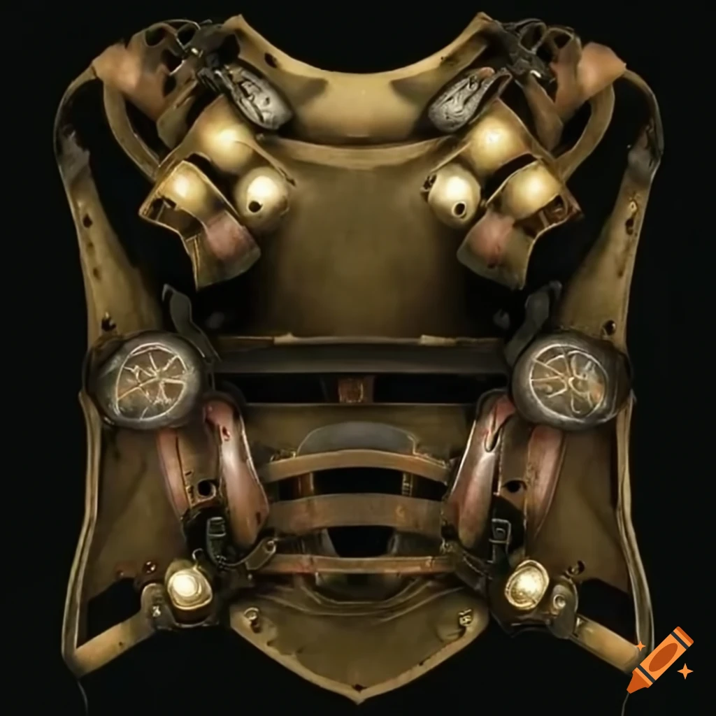 Steampunk medieval magic exoskeleton suit front view with vertical ...