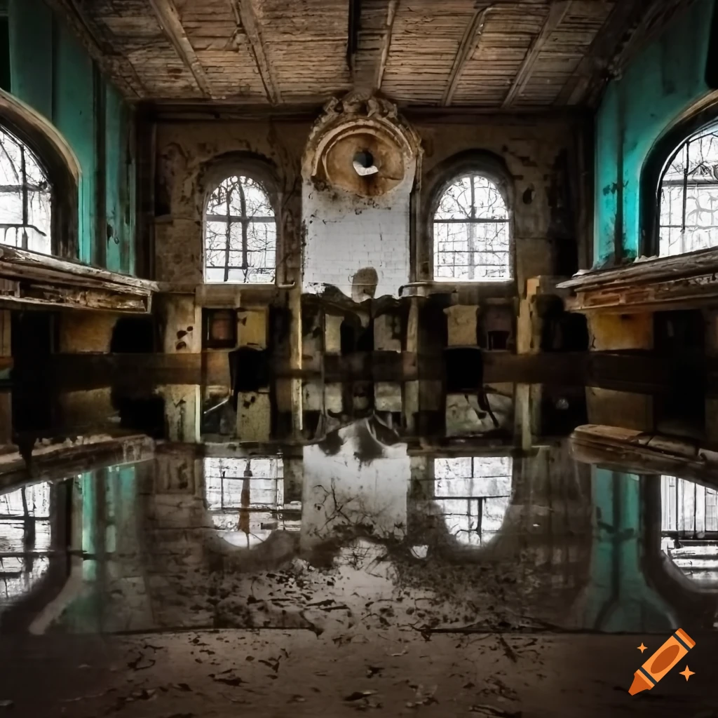 Abandoned dimly lit dining hall with flipped chairs and puddles of ...