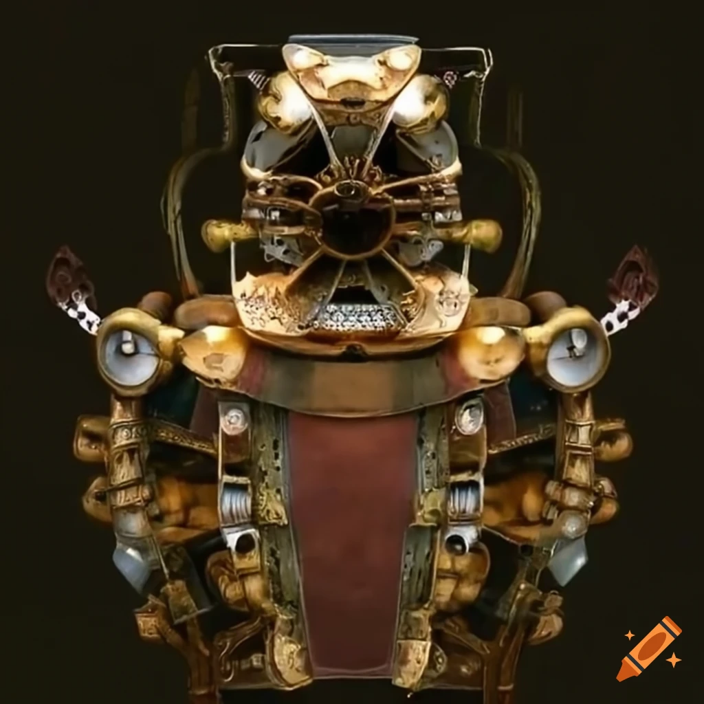 Steampunk medieval magic exoskeleton suit front view with vertical ...