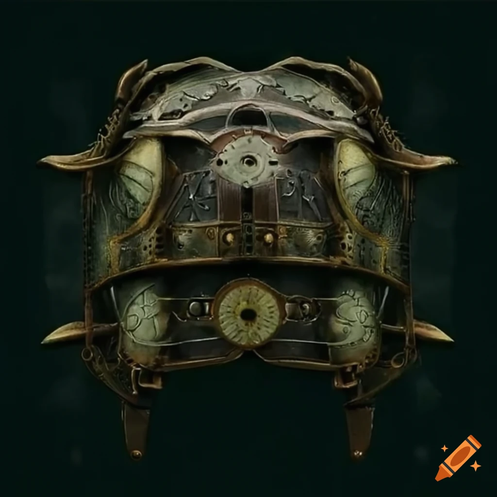 Steampunk medieval magic exoskeleton suit in front view with vertical ...