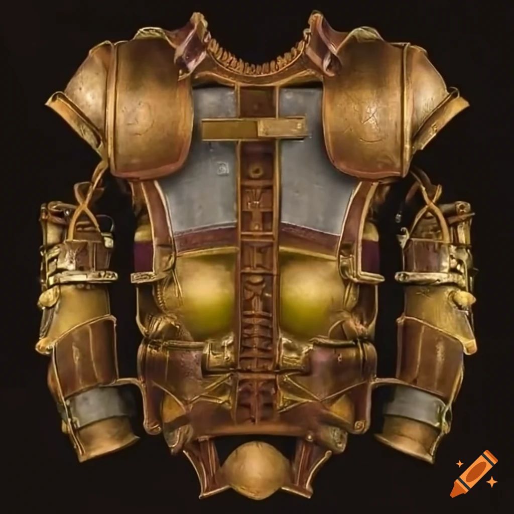 Steampunk medieval magic exoskeleton suit front view on Craiyon