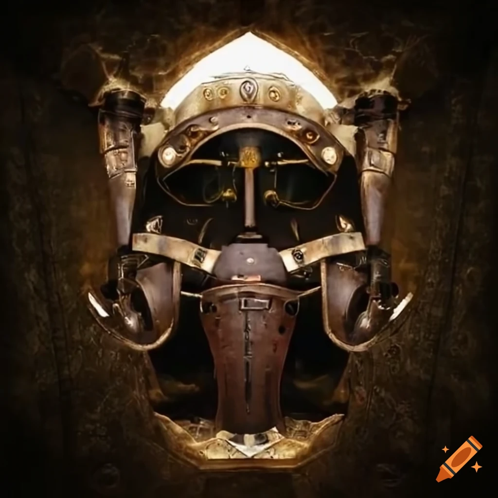 Steampunk medieval magic exoskeleton suit from the front with vertical ...