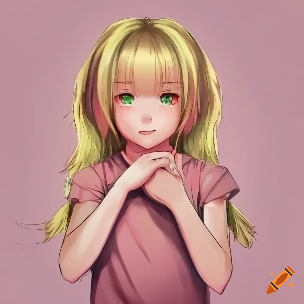 Anime Girl With Blonde Hair And Green Eyes In A Light Pink Sleeveless T Shirt With Crossed Arms
