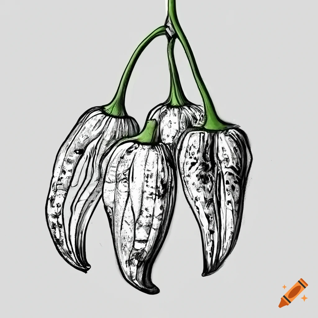 Line drawing of various chili peppers in botanical illustration style ...