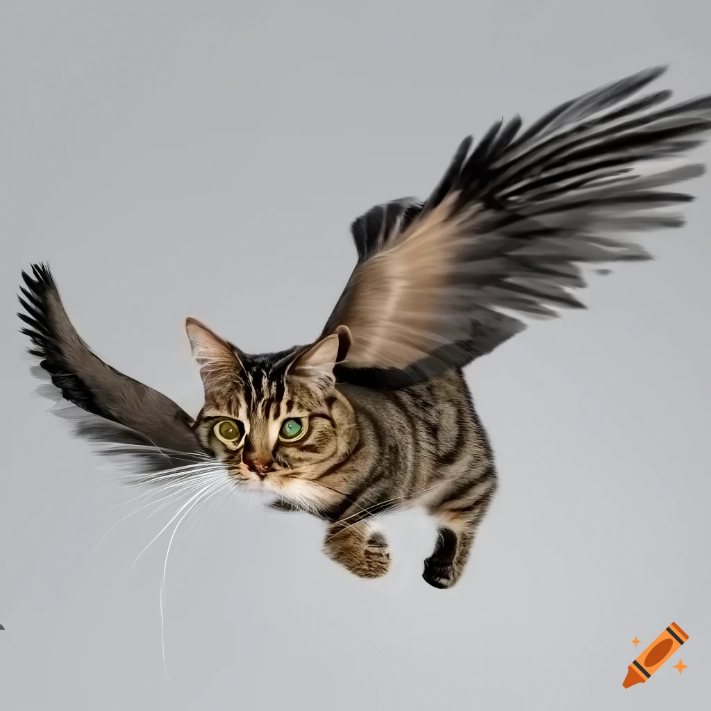 Tabby cat with feathered wings flying on a white background on Craiyon