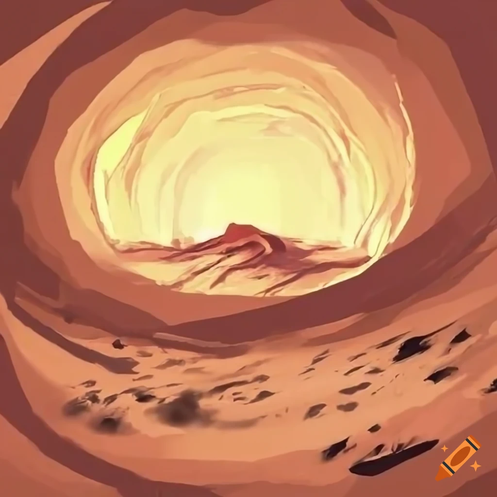 Top-down view of a desert circular plaza with dunes and sharp rocks on ...