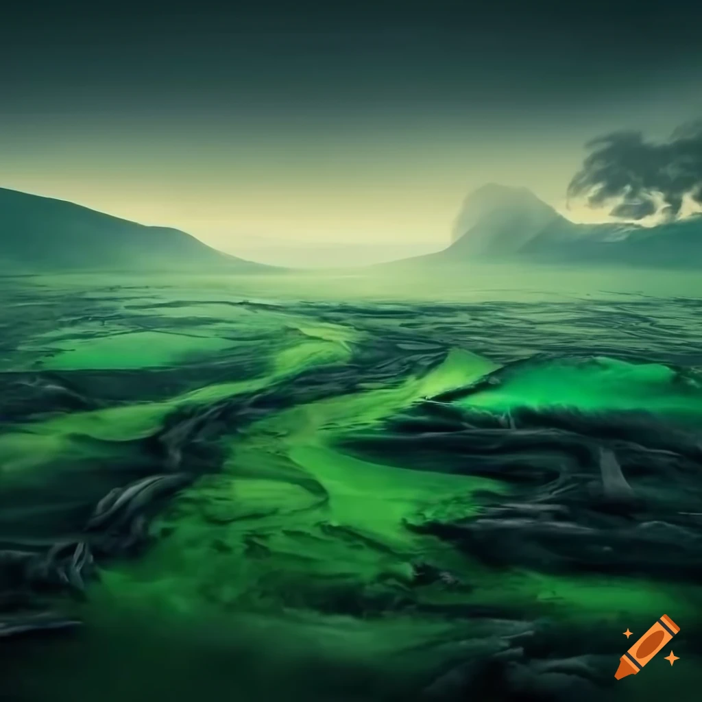 Volcanic ashy landscape with emerald lava rivers under an eerie smoky ...