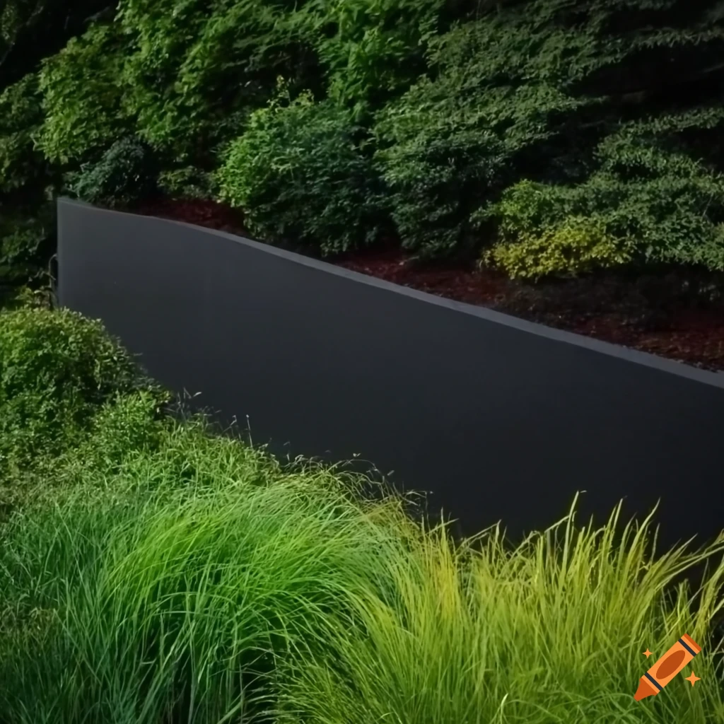 Black metal retaining wall with ornamental grasses on a slope on Craiyon