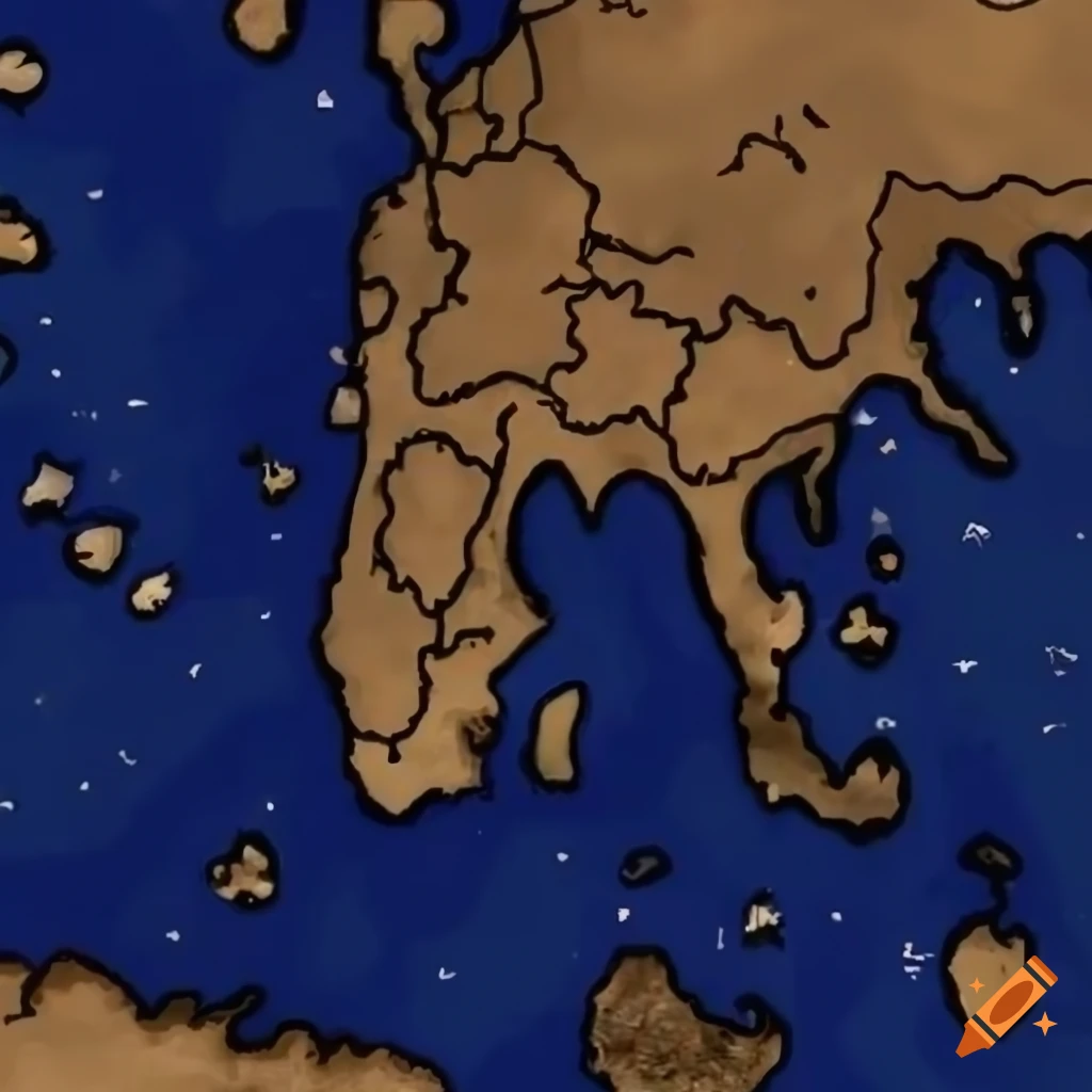 Create a map of a medieval rpg fantasy continent with various biomes ...