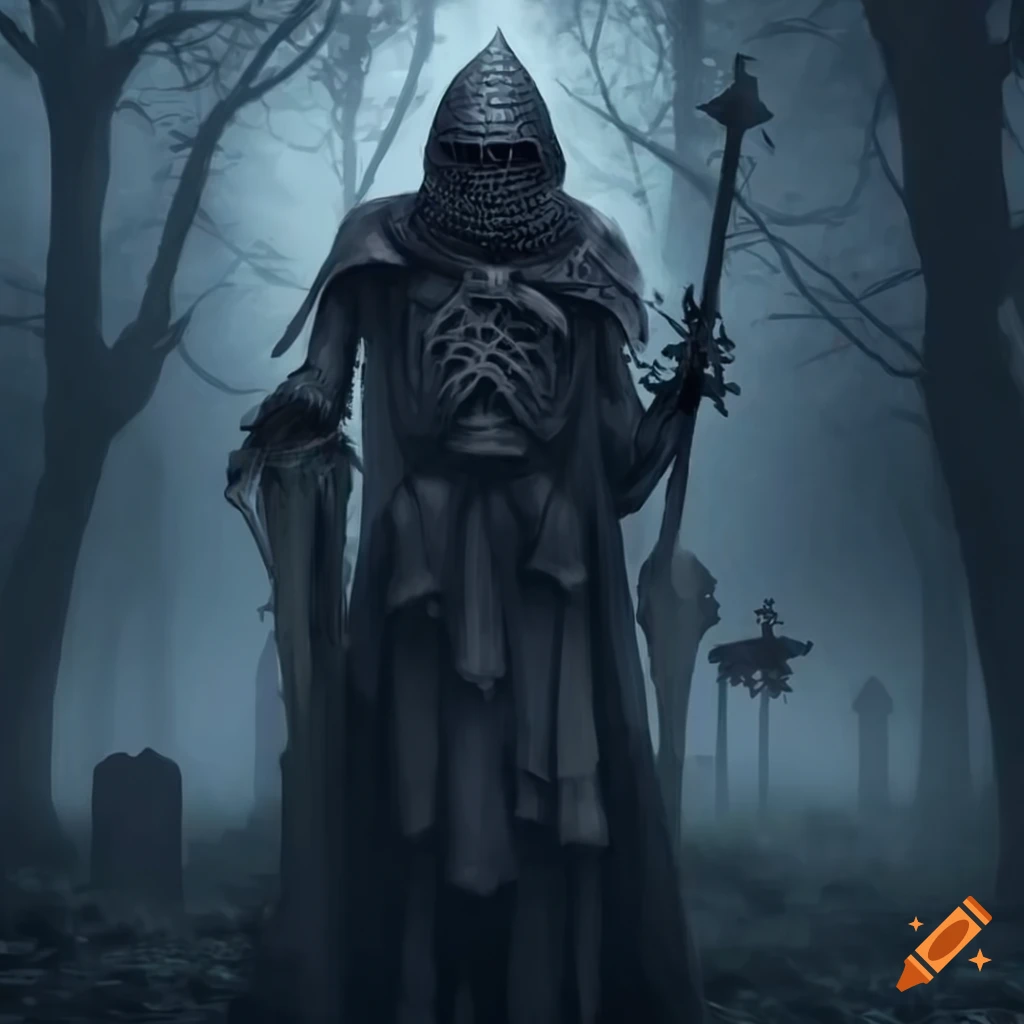 Detailed skeleton knight in a foggy cemetery at night on Craiyon