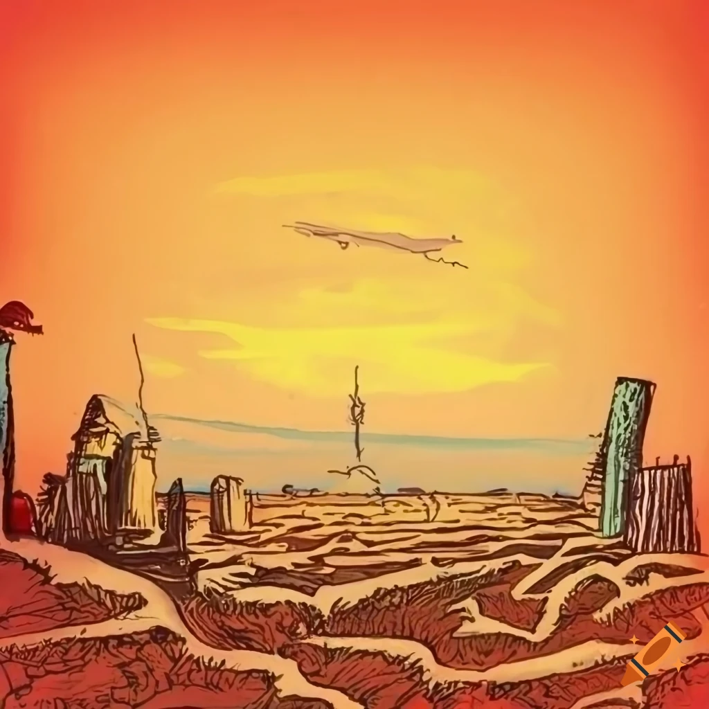 Barren wasteland with cities in dr. seuss style on Craiyon