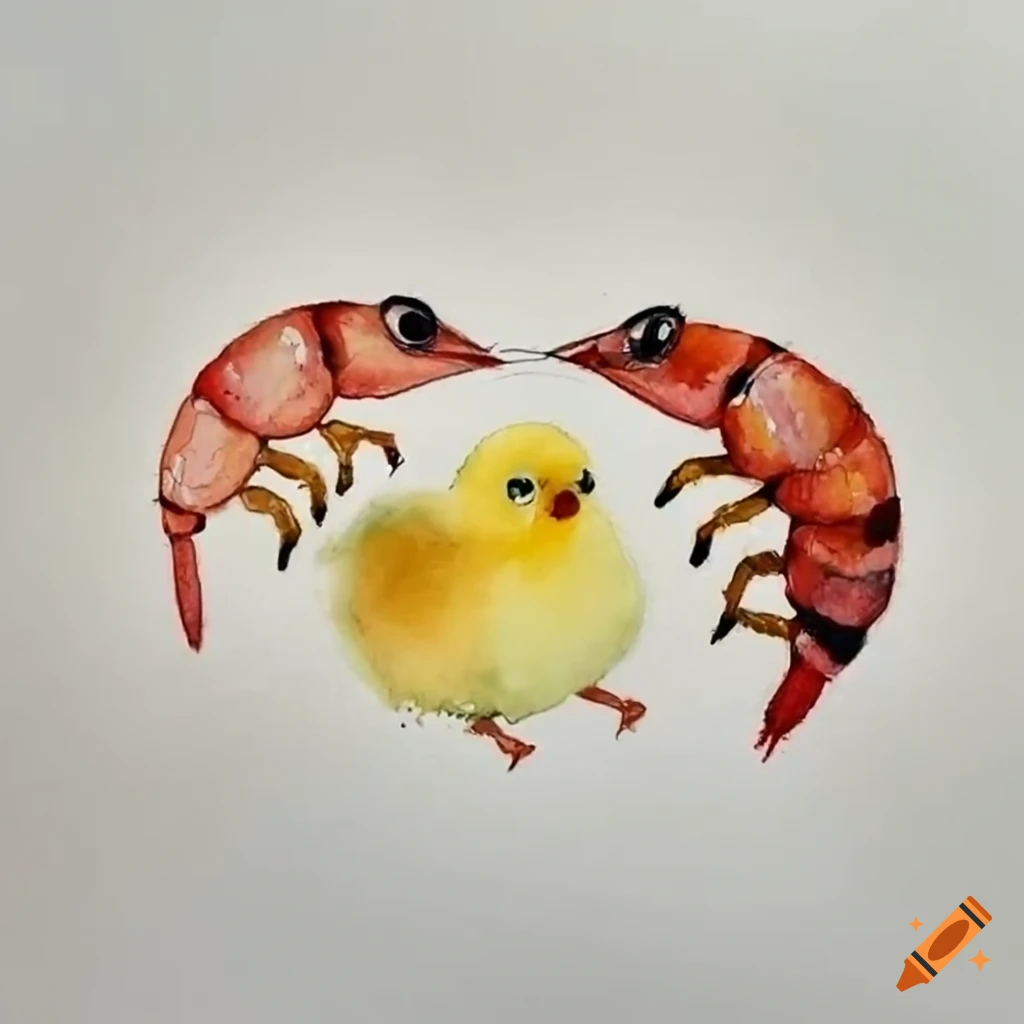 Creative drawing of a tiny shrimp with a baby chick on Craiyon