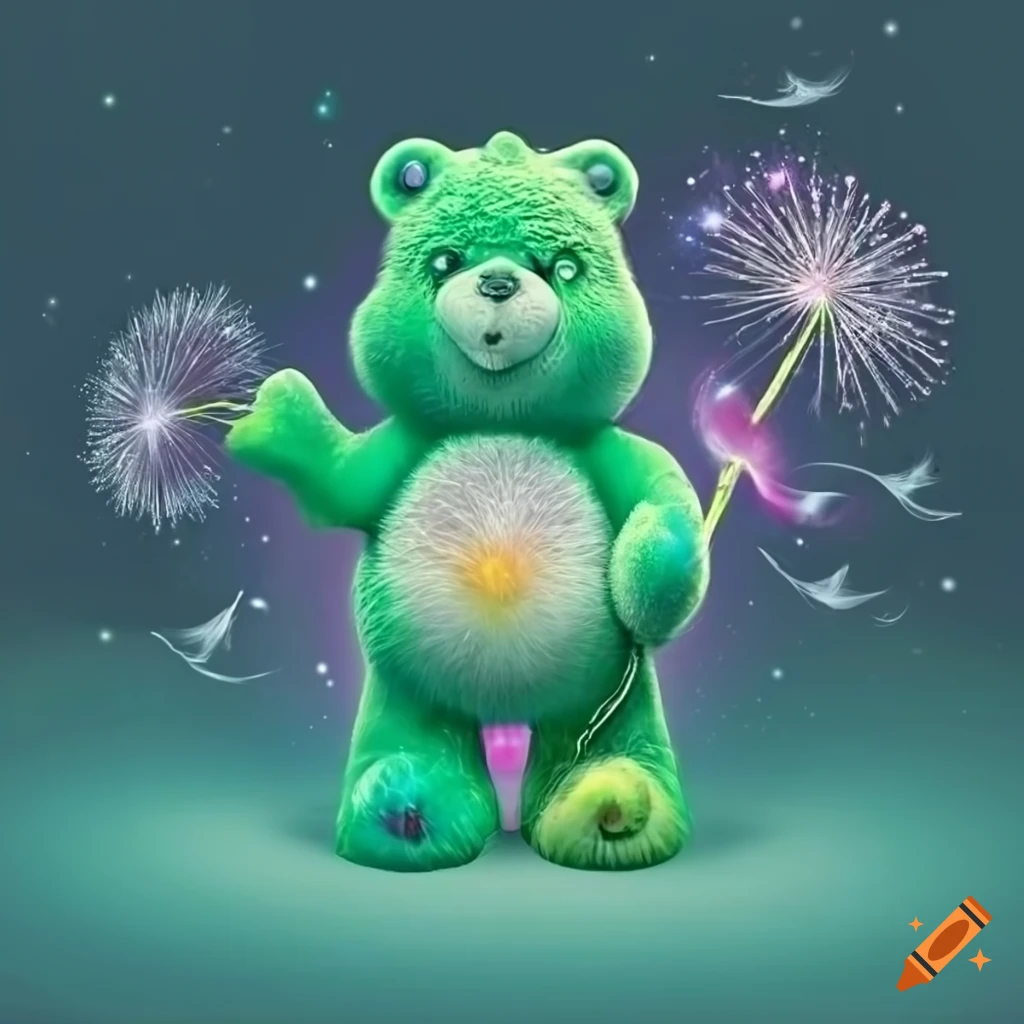 Giant green care bear releasing galaxy dandelion on teal background on Craiyon