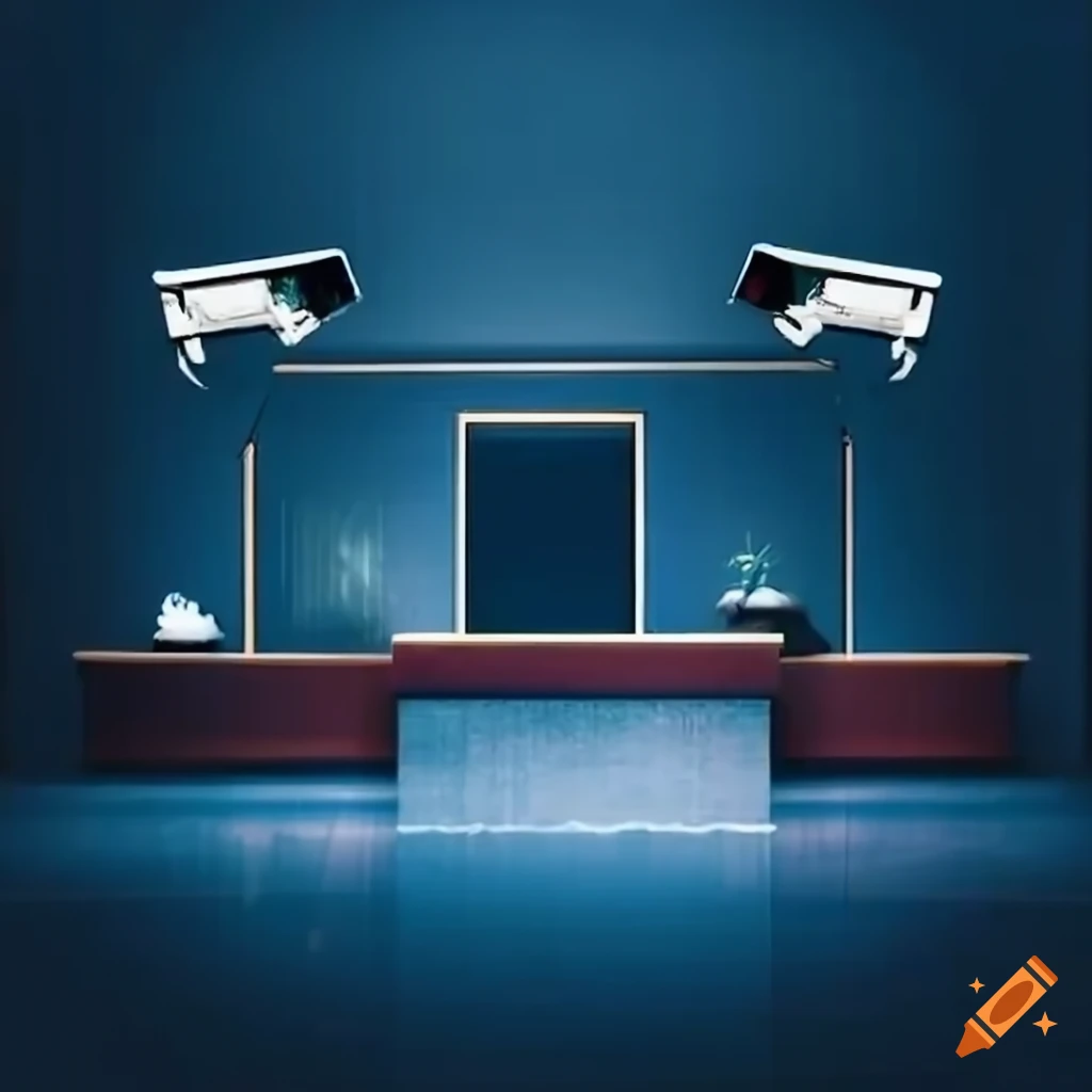 Night scene of a cozy hotel lobby with reception desk and surveillance ...