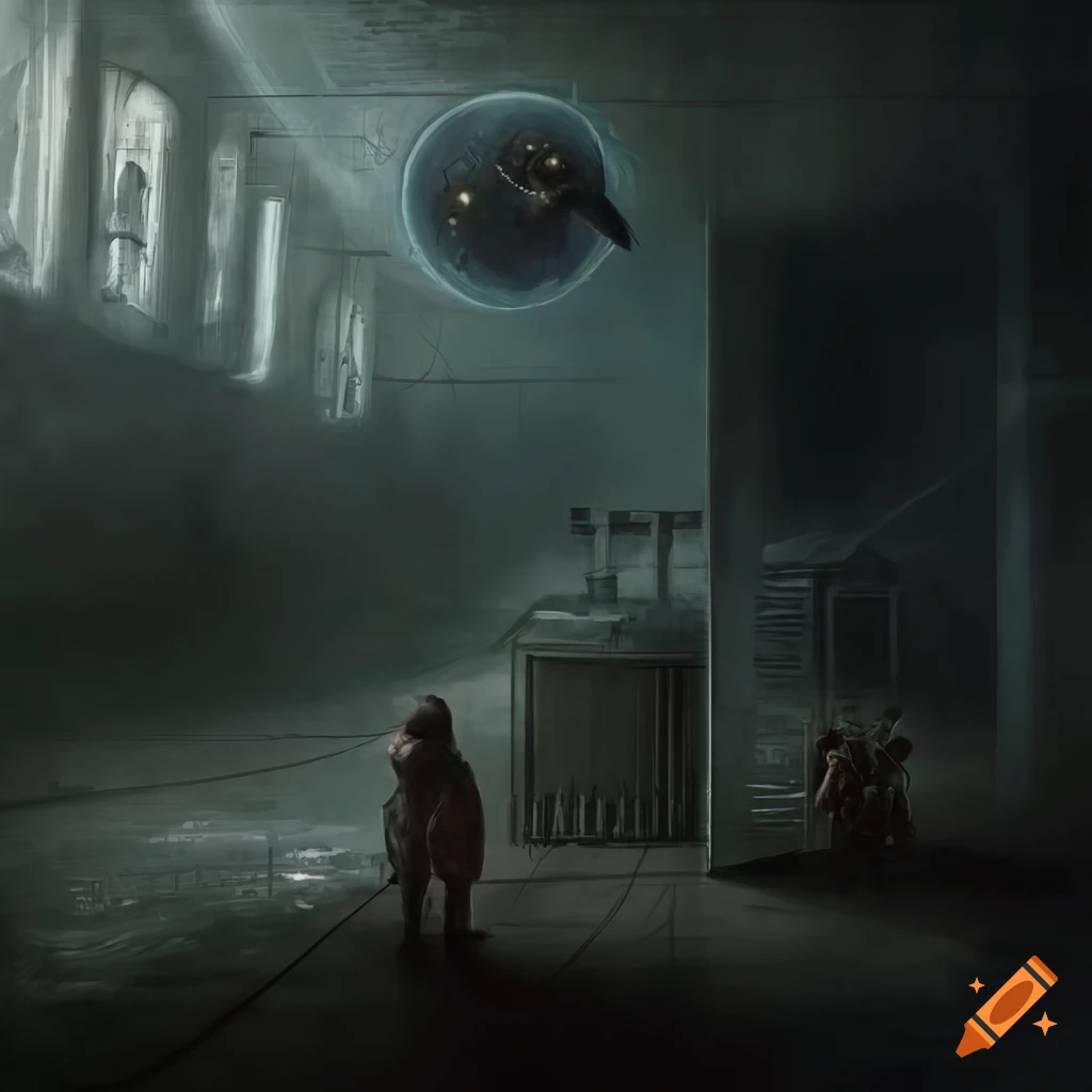 Intricate hyper-realistic modern haunted airport with an astronaut and ...