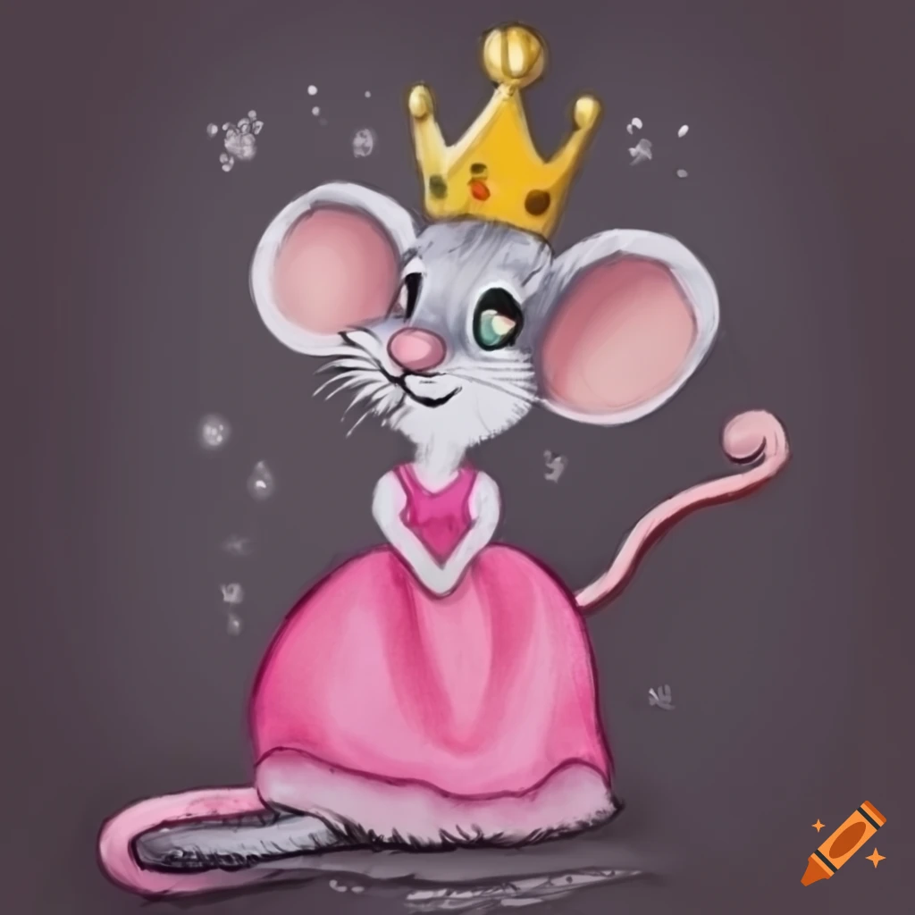 Queen mouse with a crown, pink gown, and huge eyes in a cute drawing ...