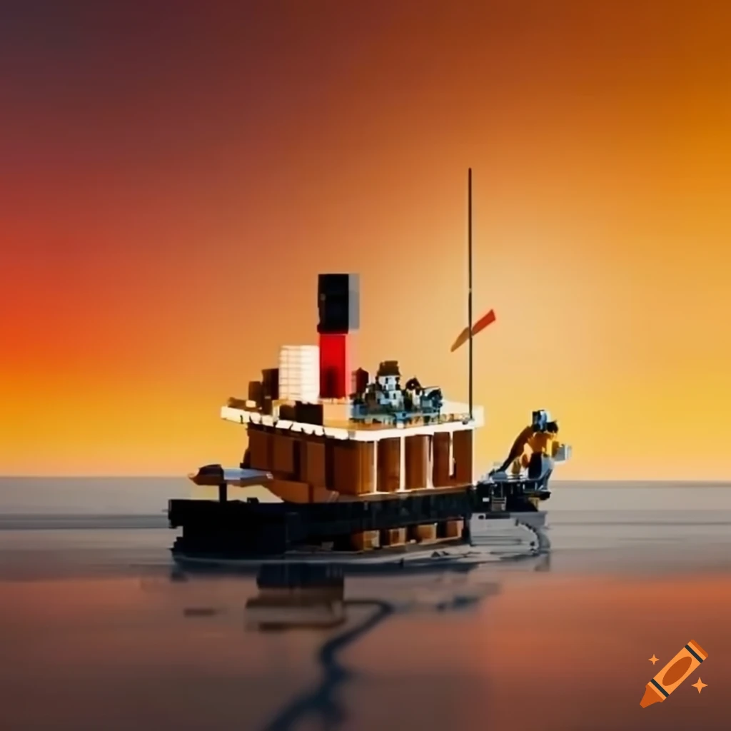 Lego steam boat sailing towards a sunset on a river on Craiyon