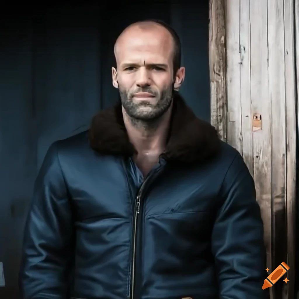 Actor resembling young Jason Statham in sheepskin bomber jacket and ...