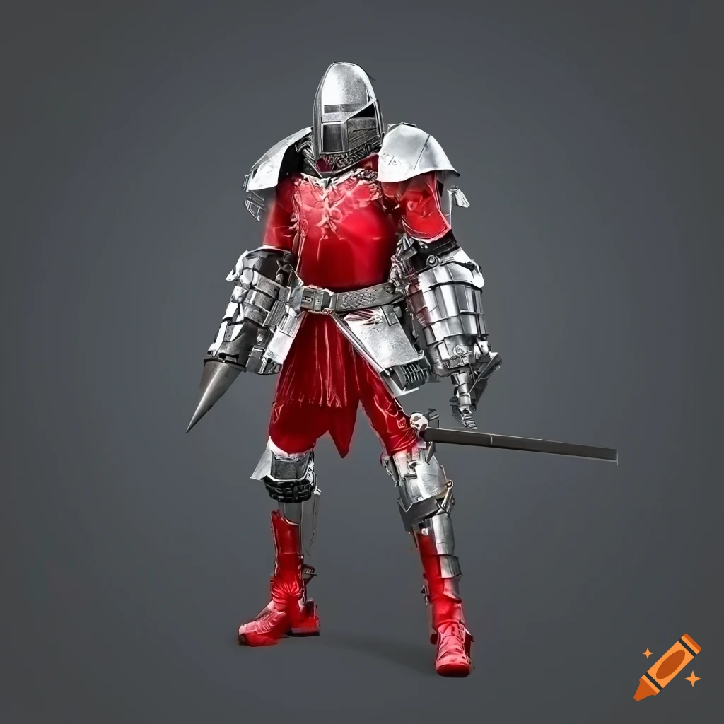 Cybernetic knight wizard in red armor with a weapon against a plain ...
