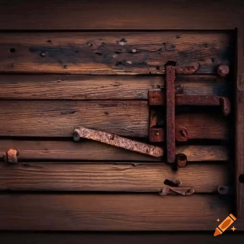 Overhead view of aged wooden trapdoor with rusted iron hinges on Craiyon