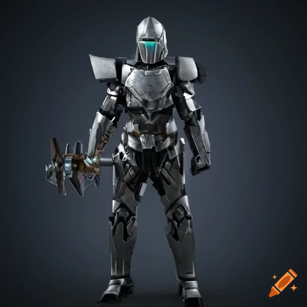 Cybernetic knight holding a weapon against plain background on Craiyon
