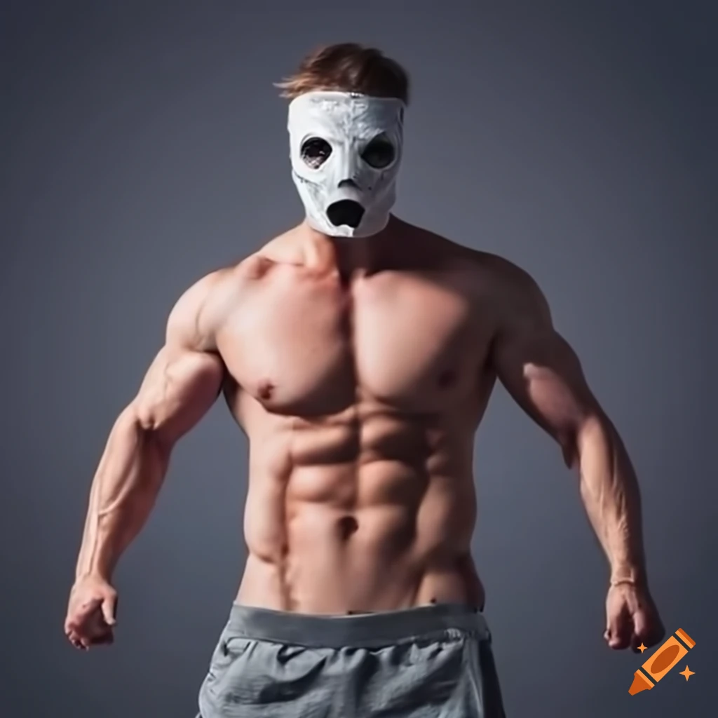 Masked man with muscular physique holding a torch on Craiyon