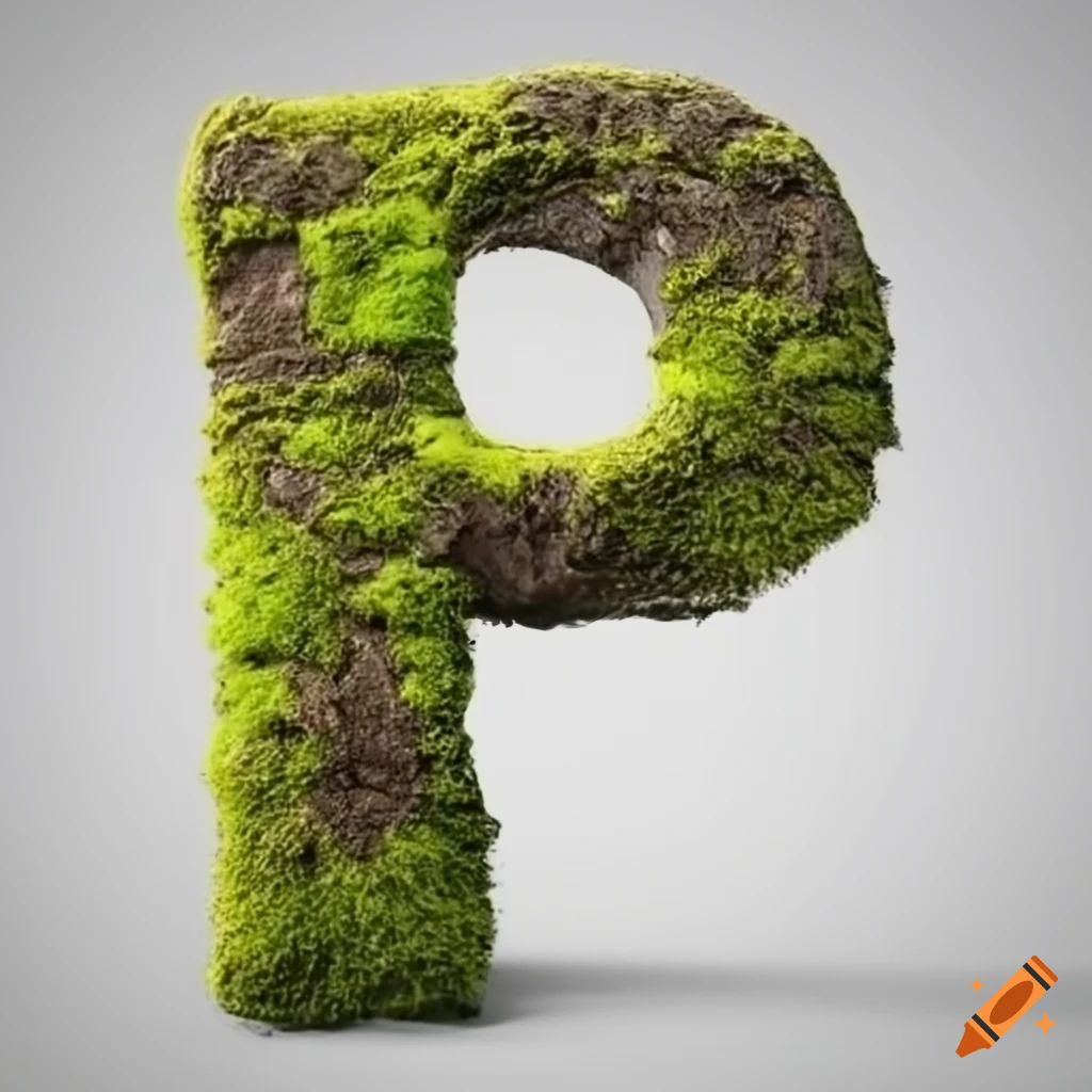 Moss-covered ancient stone letter L on a white background on Craiyon