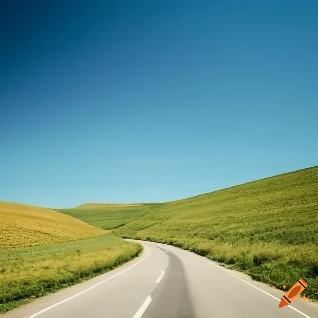 Sinuous old road surrounded by fields under a clear blue sky in summer ...