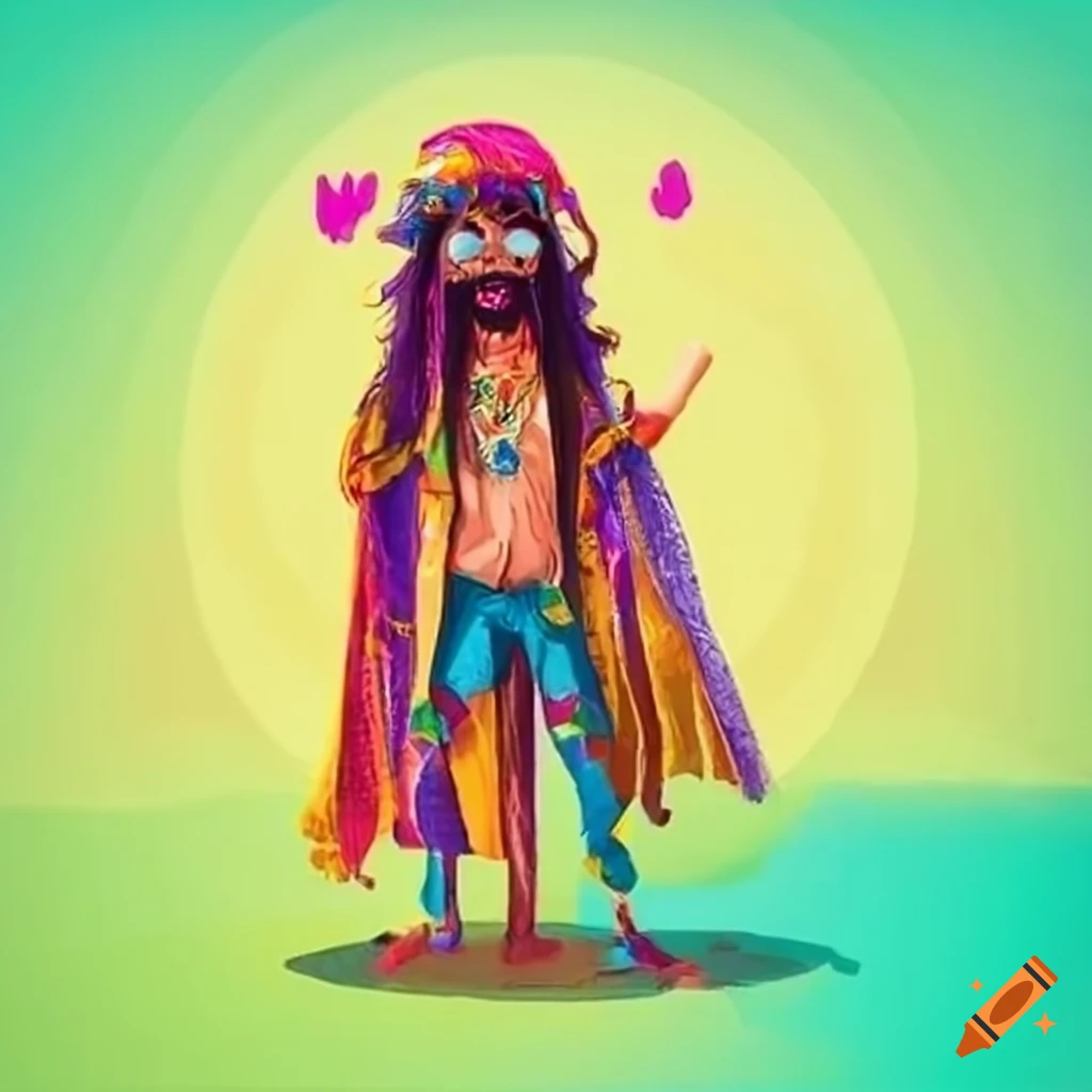 Colorful hippie character wearing a cape and mask in a heroic pose on ...