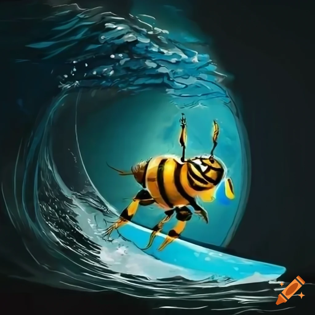 Bee riding a wave on a surfboard in a whimsical illustration on Craiyon