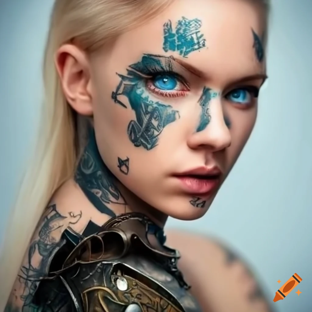 Blonde woman with blue eyes and rune tattoos wearing chain armor on Craiyon