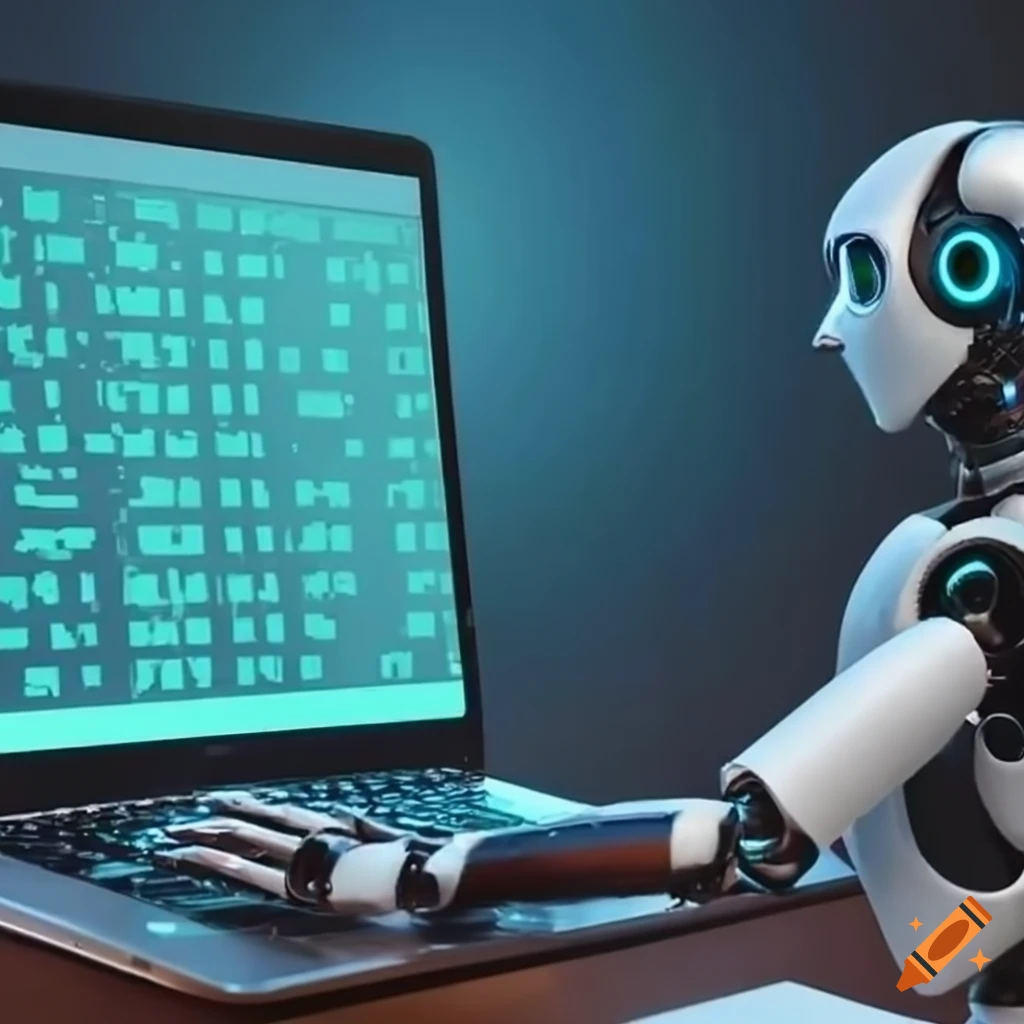 Robot working on laptop with program code on screen on Craiyon