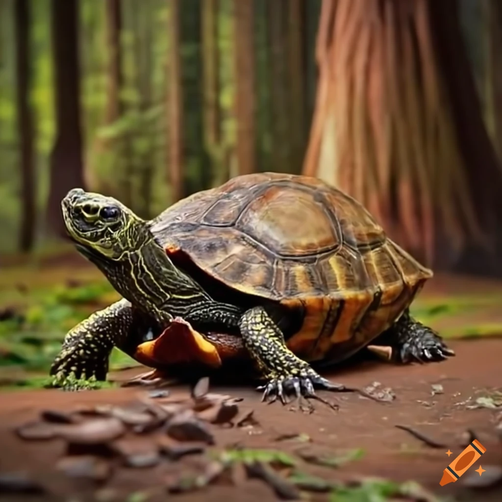 Turtle carrying a chest in a redwood forest on Craiyon
