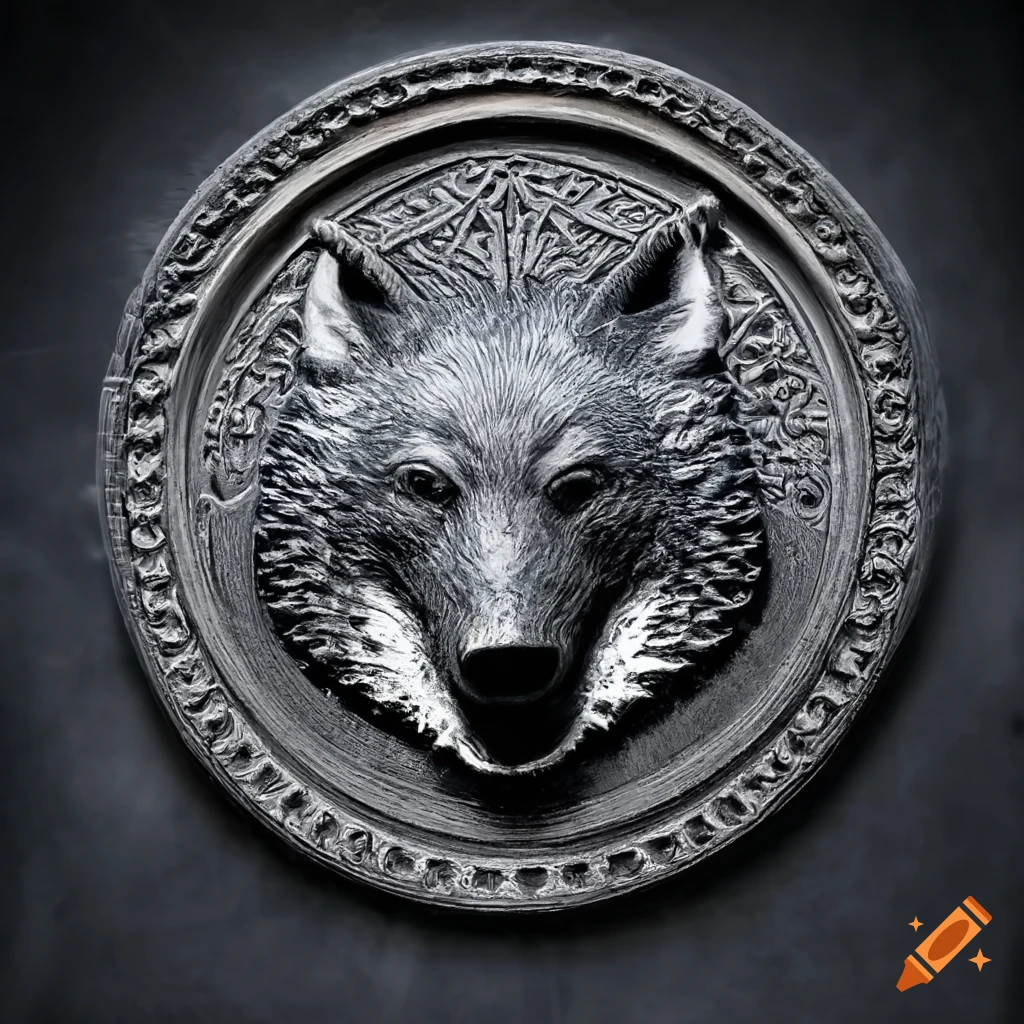 Historic wolf medallion against an ancient roman architectural backdrop ...