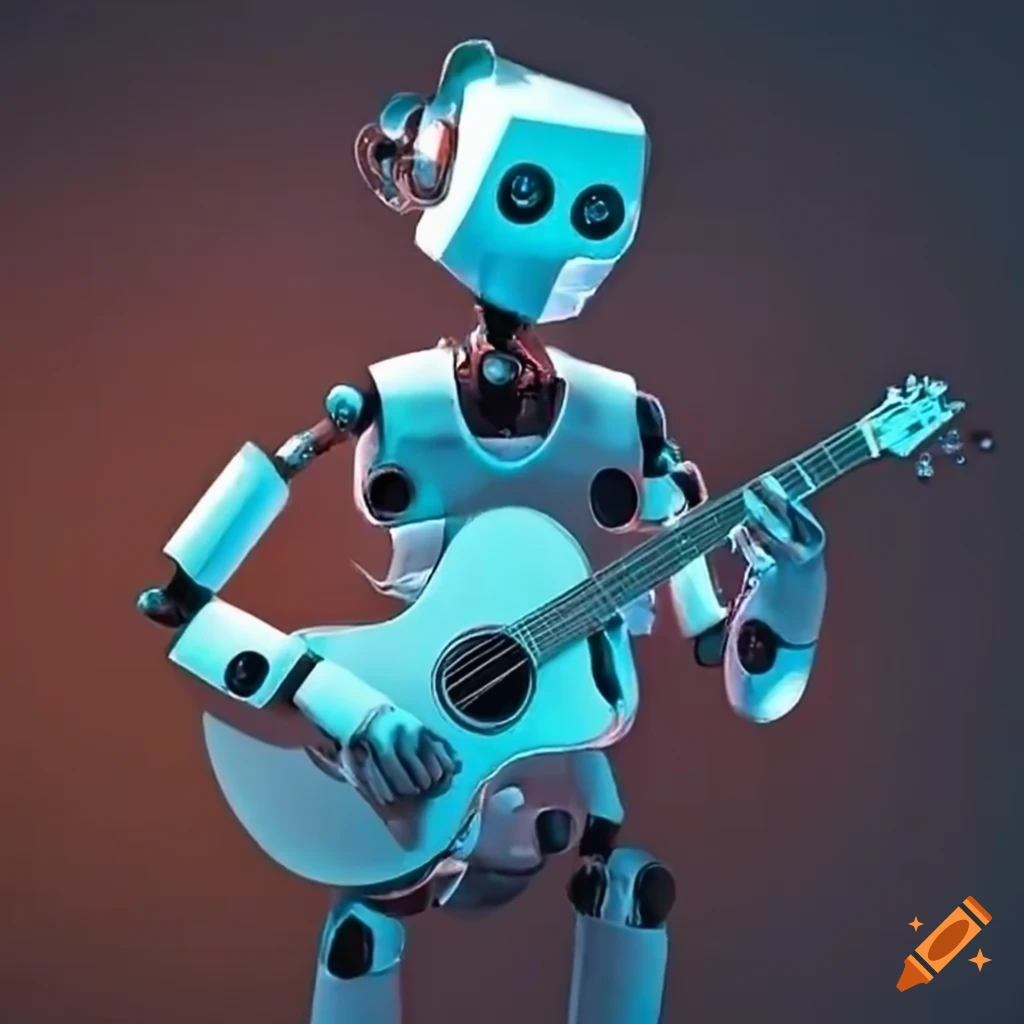 Musical robot with glowing circuits playing guitar on Craiyon