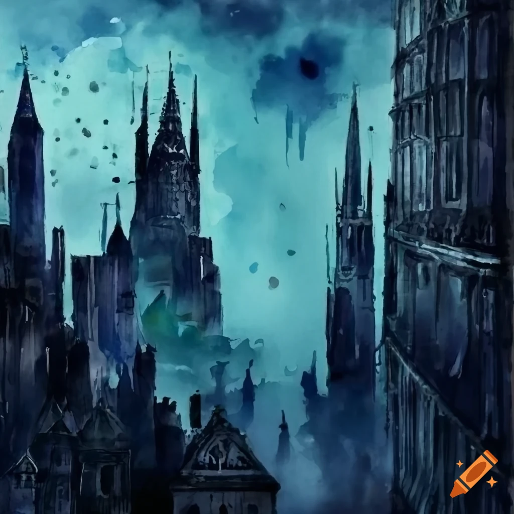 Sci-fi gothic city in a watercolor style on Craiyon