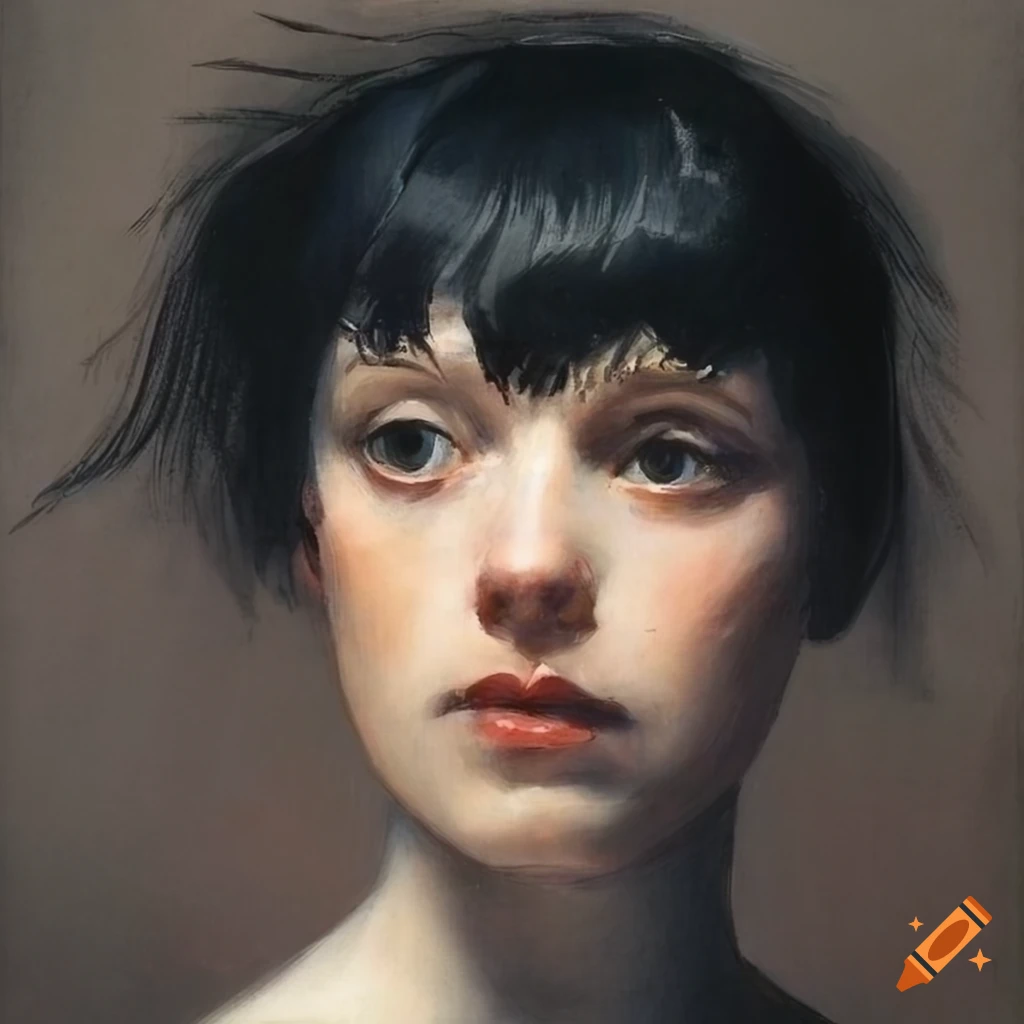 Portrait Of A Woman With Short Messy Black Hair By Gottfried Helnwein