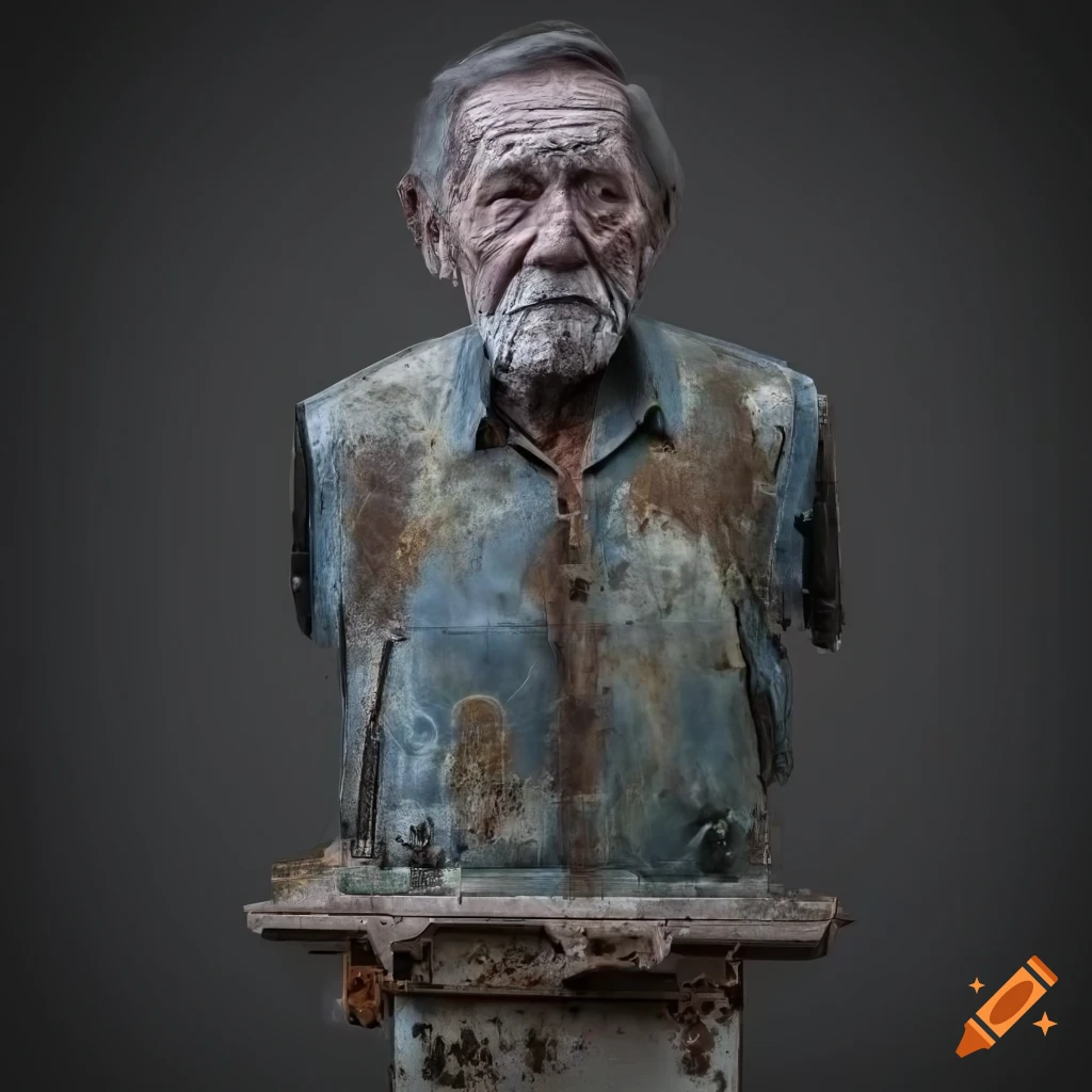 Highly detailed image of an elderly male android with damaged and ...