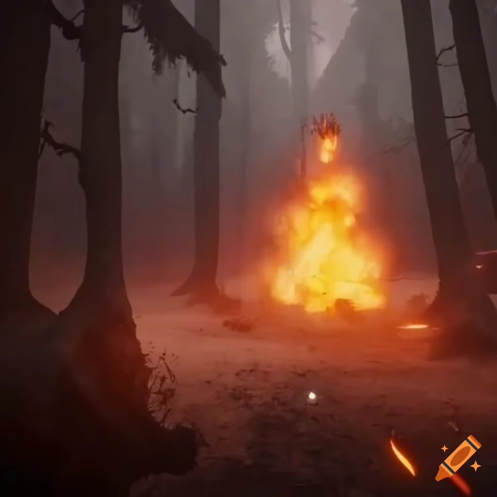 Unreal engine 5 fire explosion with black smoke and sparks in a forest ...