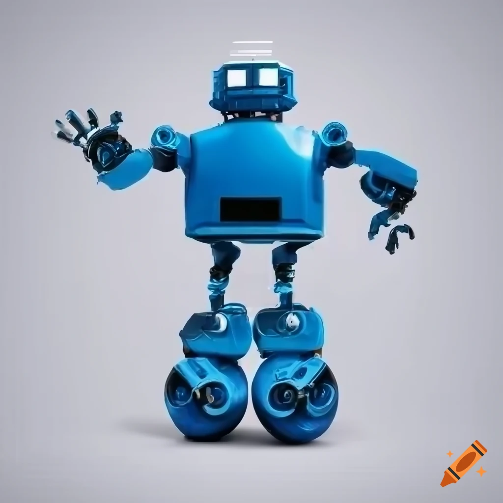 Blue robot with arms and wheels on a plain white background on Craiyon