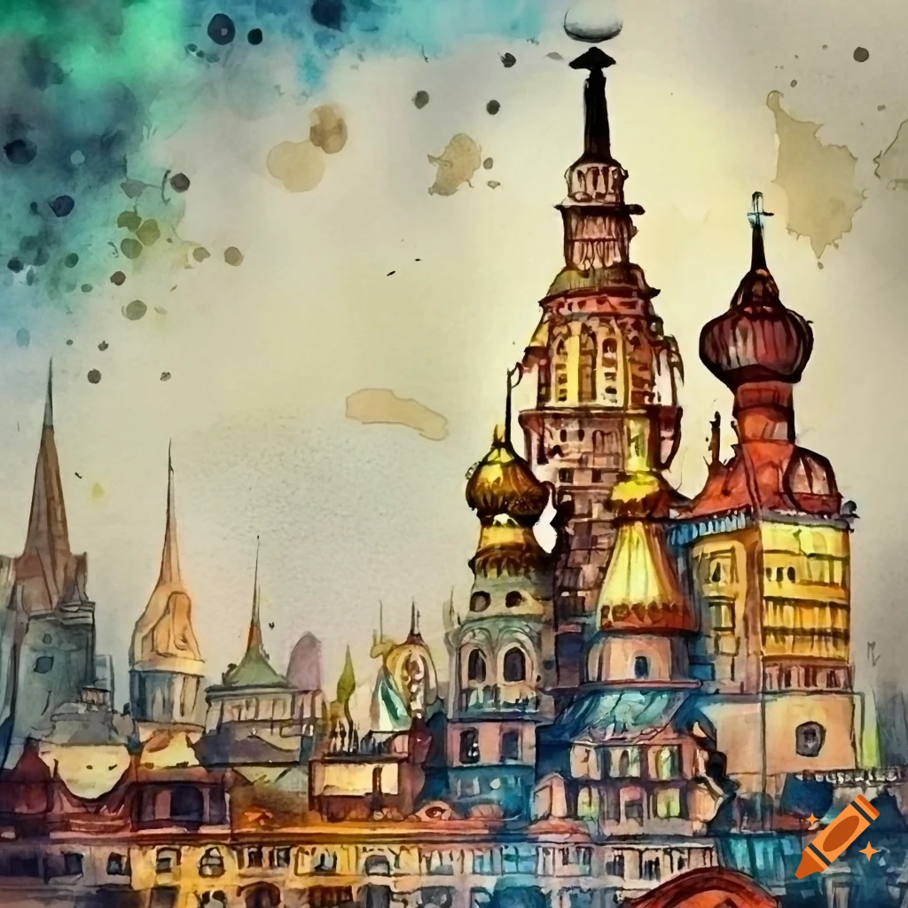 Russian steampunk city in watercolor style on Craiyon