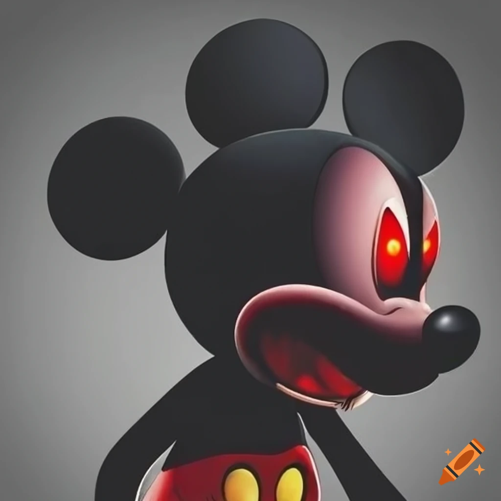 Sinister mickey mouse with angry scowl and red eyes on Craiyon